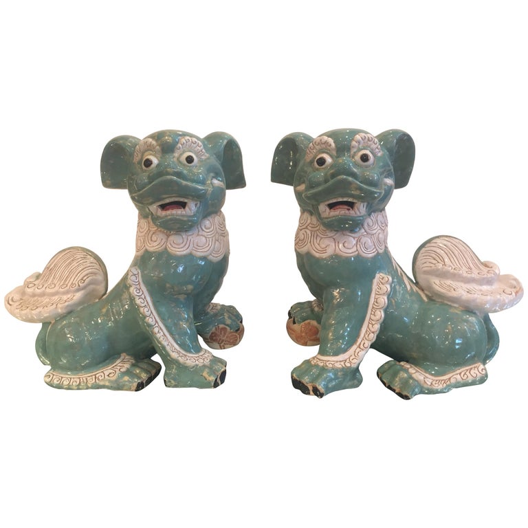 Quite Large Impressive Pair of Soft Turquoise and Cream Ceramic Foo ...