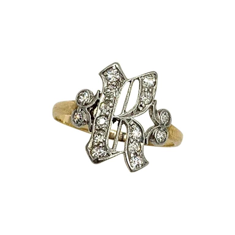 "R" Initial Ring Old Mine Cut Diamond Platinum Antique Victorian ...