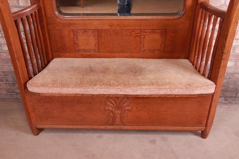 R. J. Horner Carved Solid Oak Hall Bench with Mirror, circa 1890 at 1stDibs
