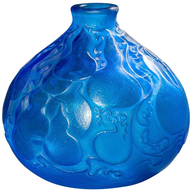 R Lalique Vase 'Courges', Electric Blue Vase at 1stDibs