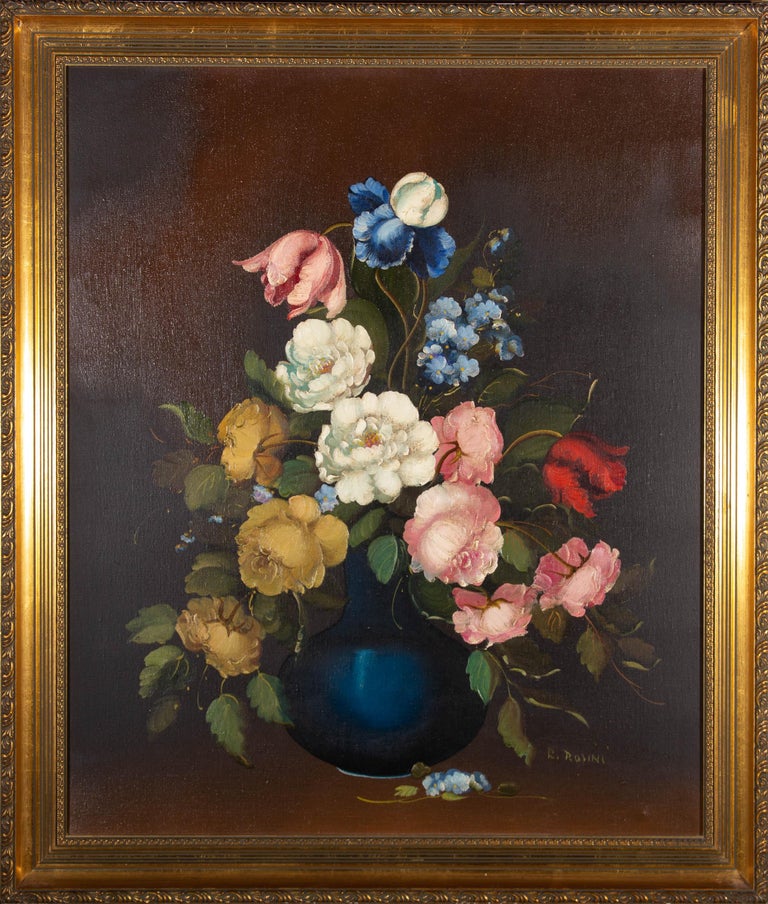 R. Rosini - R. Rosini - Mid 20th Century Oil, Flowers in Blue Vase at ...