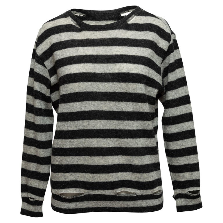 R13 Black and Grey Distressed Striped Wool Sweater For Sale at 1stDibs
