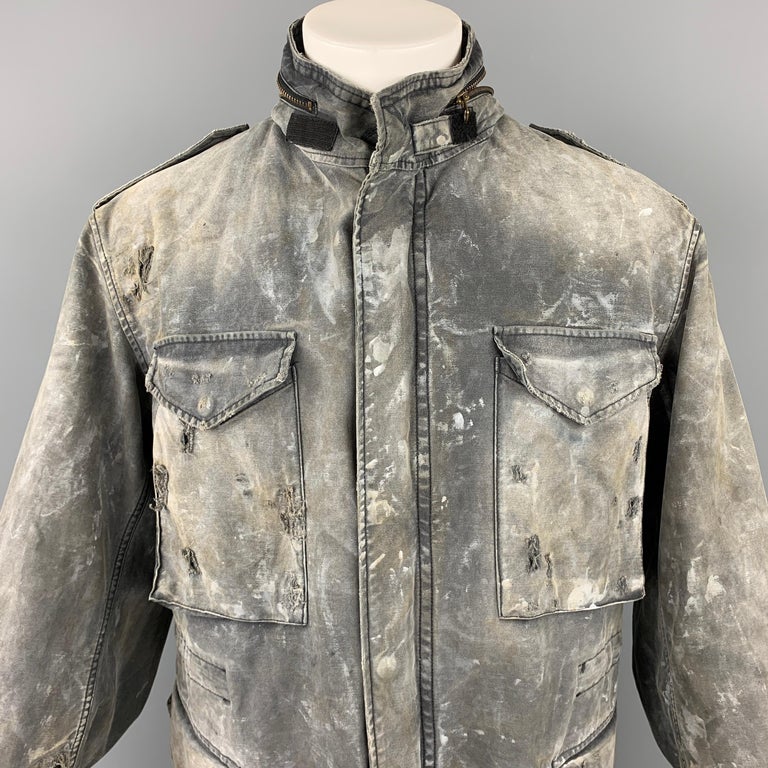 R13 Size M Gray Distressed Cotton Destroyed Military Hooded Jacket For ...