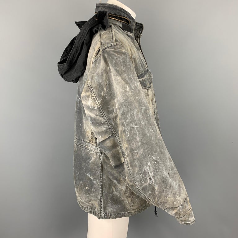R13 Size M Gray Distressed Cotton Destroyed Military Hooded Jacket For ...