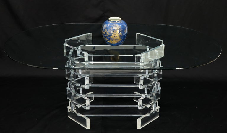 Racetrack Oval Glass Top Stacked Lucite Blocks Base Dining Table For ...