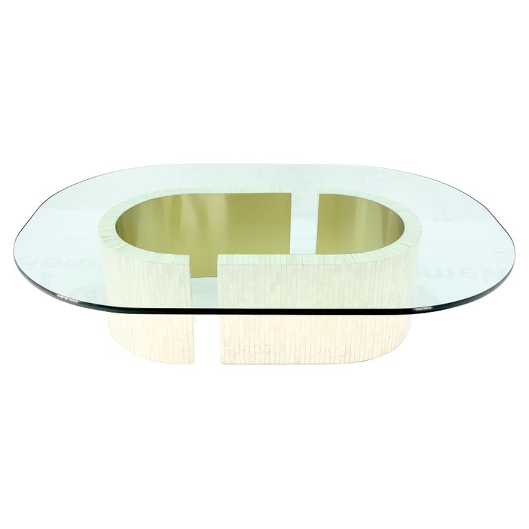 Racetrack Oval Shape Glass Top Tessellated Bone Tile Base Coffee Table ...