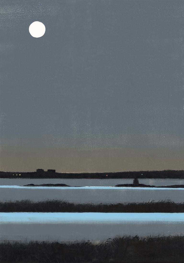 Rachel Burgess - Small Moon, monoprint of river at night, pastel blue ...