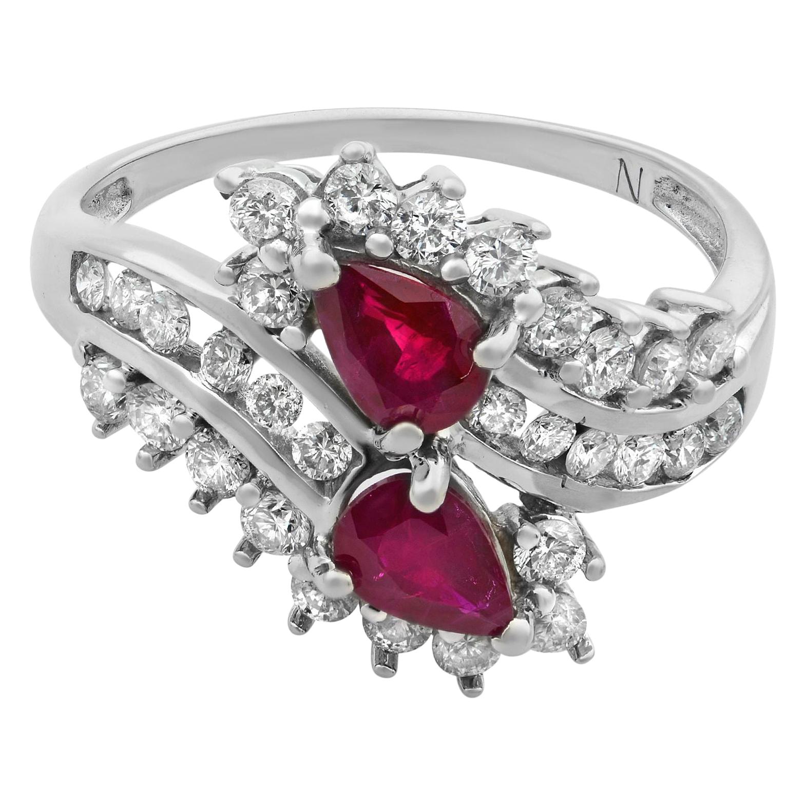 Beautiful Filigree Pear Shaped Ruby and Diamond in White Gold Wave Ring ...