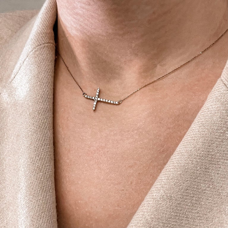 Rachel Koen 14K Rose Gold Diamond Ladies Side-Way Cross Necklace 0 ...
