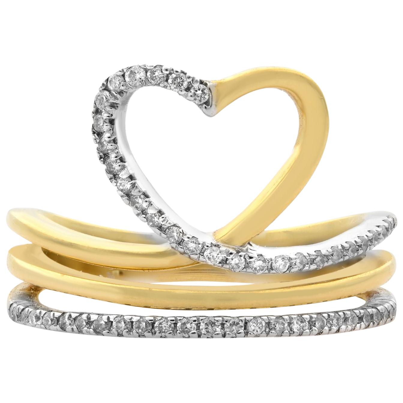Rachel Koen 14K Yellow and White Gold Pave Diamonds Hearts Shaped Ring ...