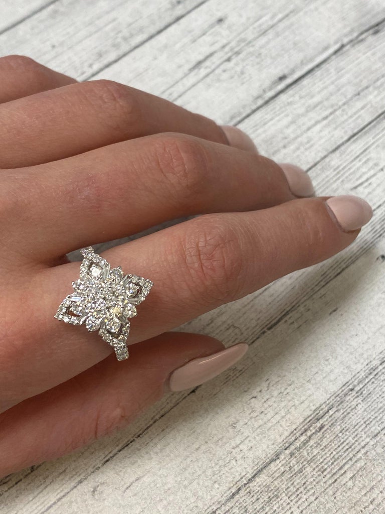 Rachel Koen 18 Karat Gold Round and Baguette Diamond Flower Ring 2.00 ...