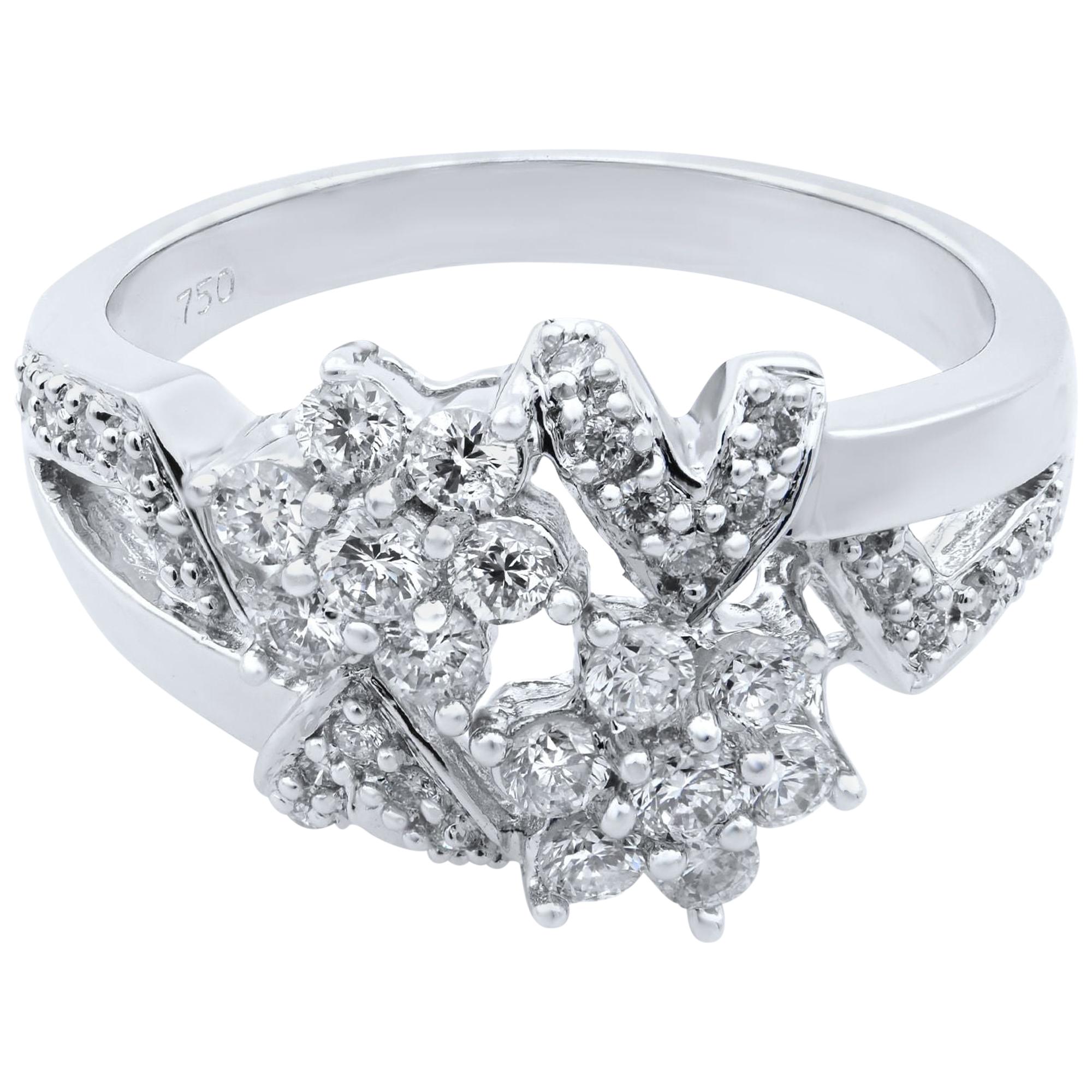 Rachel Koen Diamond Double Flower Cocktail Ring 18K White Gold 0.97Ctw ...