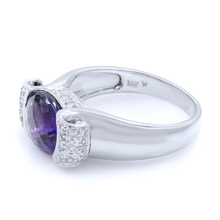 Rachel Koen Amethyst Diamond Ring 14K White Gold For Sale at 1stDibs