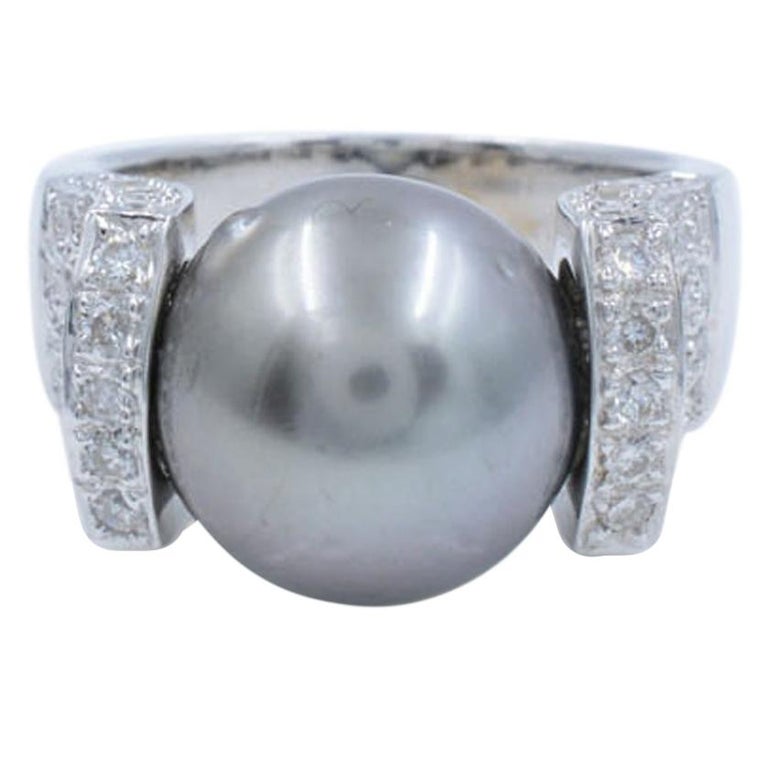 Rachel Koen Black Tahitian Pearl Diamond Ring 18k White Gold 0.75Cttw ...