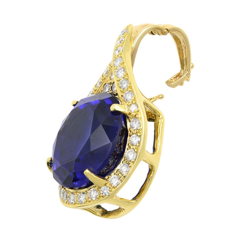 Rachel Koen Oval Tanzanite 27.66ct Diamond 1.75ct Pendant 14K Yellow ...