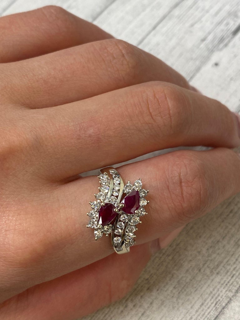 Rachel Koen Pear Shaped Ruby and Diamond Cocktail Ring 14K White Gold For Sale at 1stDibs