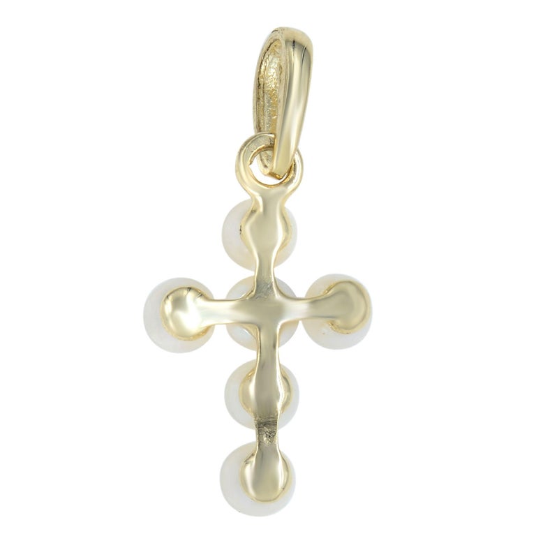 Rachel Koen Petite Pearl Cross Pendant 14k Yellow Gold For Sale at 1stDibs