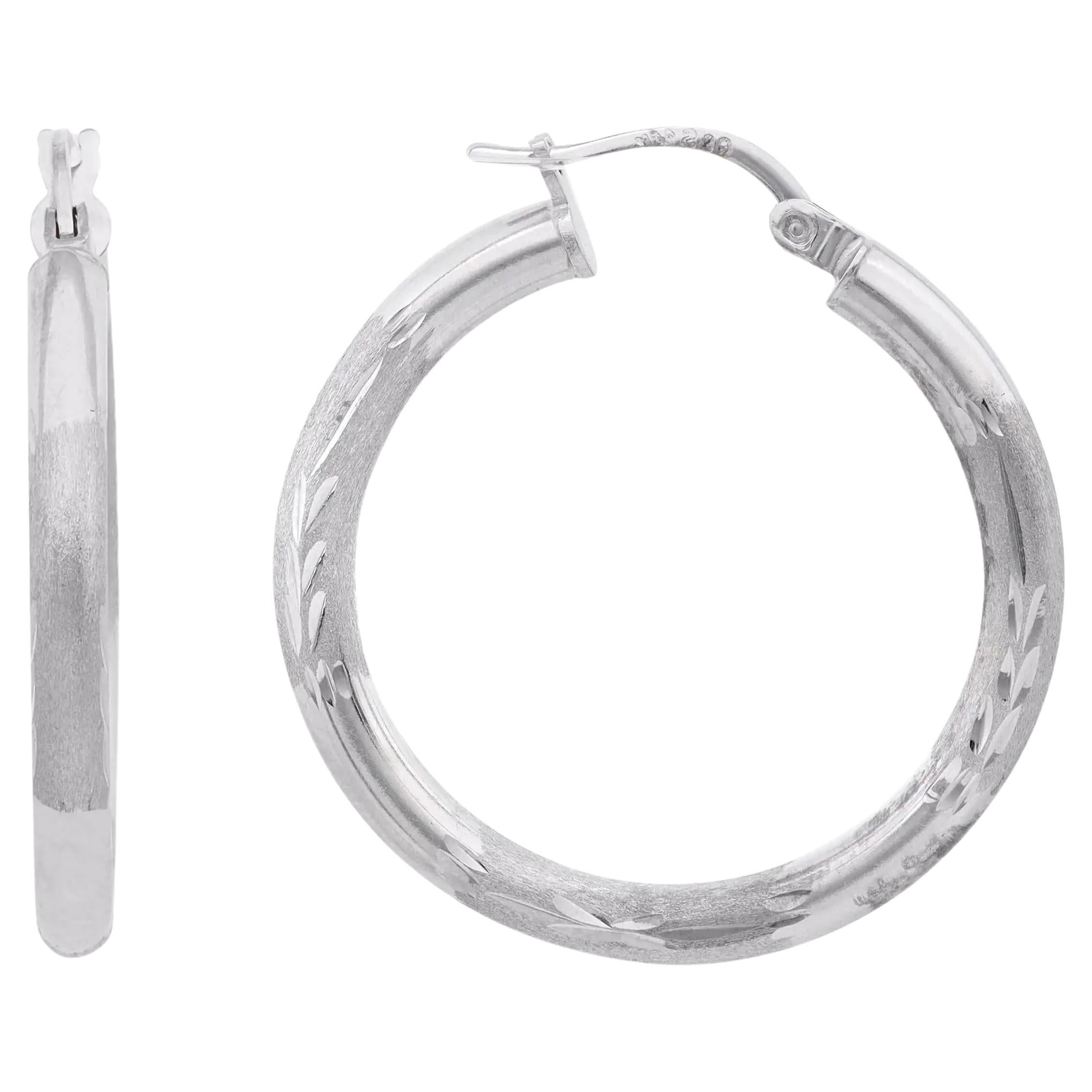 White Gold Textured Round Hoop Earrings, 14k Snap Closures Pierced For ...
