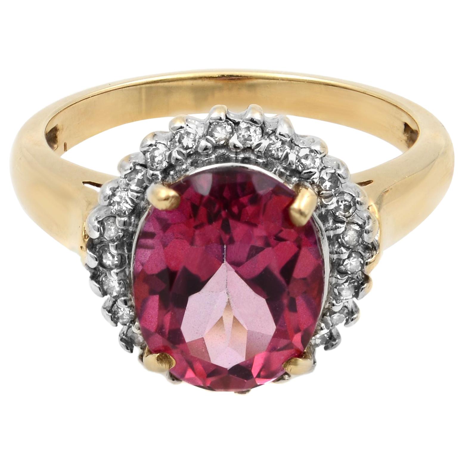 Square Pink Tourmaline Diamond Halo Gold Engagement Ring, Signed JLJ at ...