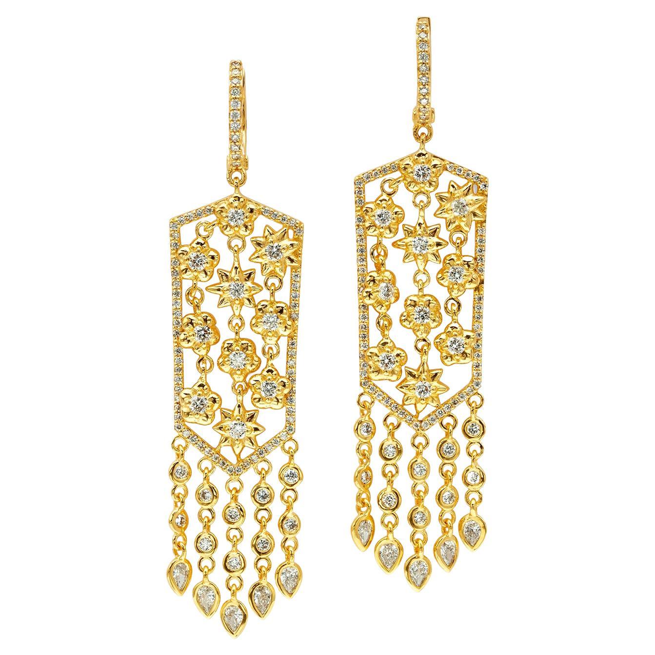 Exquisite 20K Yellow Gold and Diamond Flower Huggie Drop Earrings by ...