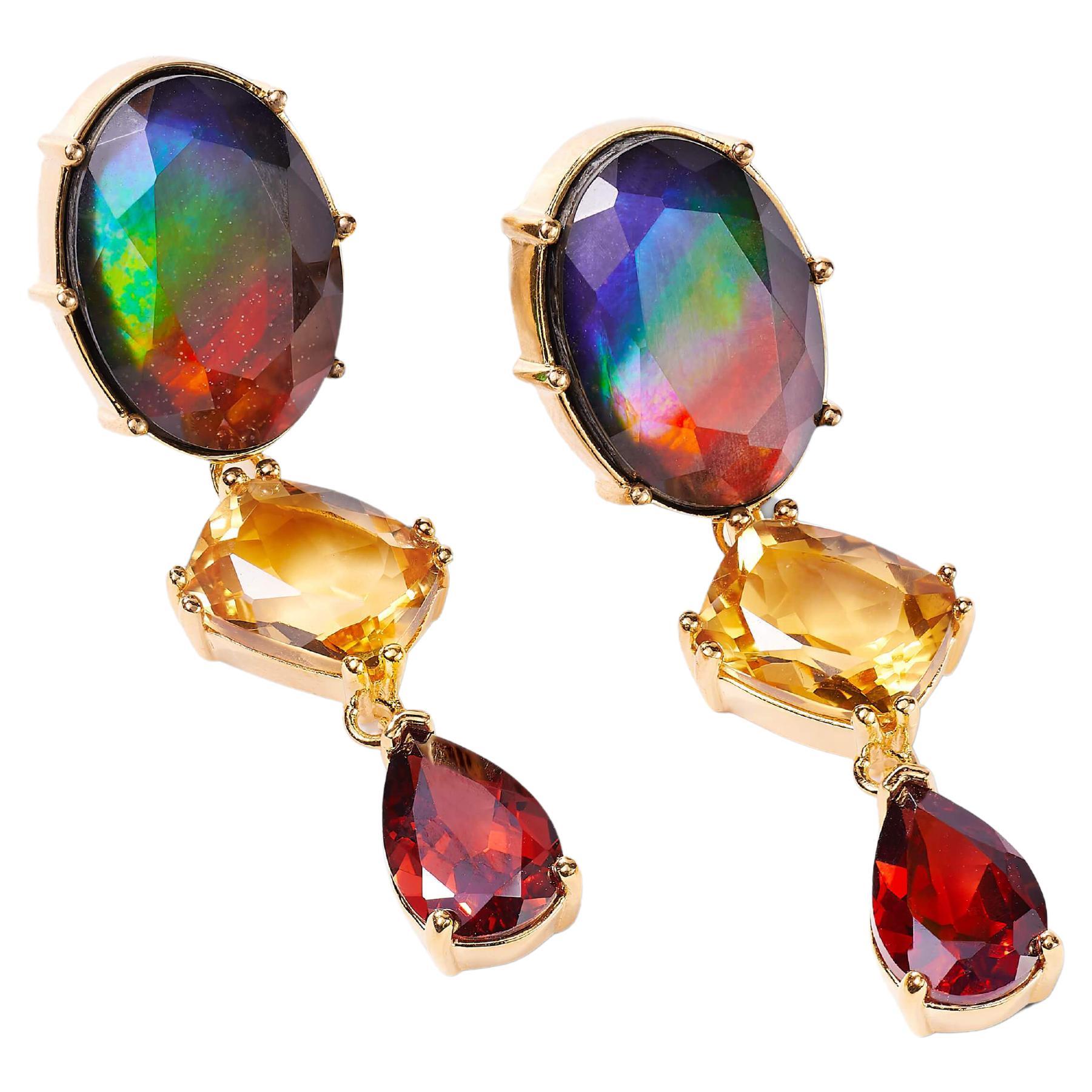 Radiant Ammolite Drop Earring with Garnet and Citrine in 18k Gold ...