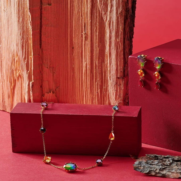 Radiant Ammolite Station Necklace with Garnet and Citrine, 18k Gold ...