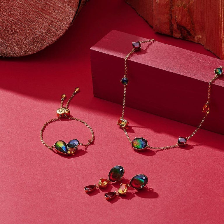 Radiant Ammolite Station Necklace with Garnet and Citrine, 18k Gold ...