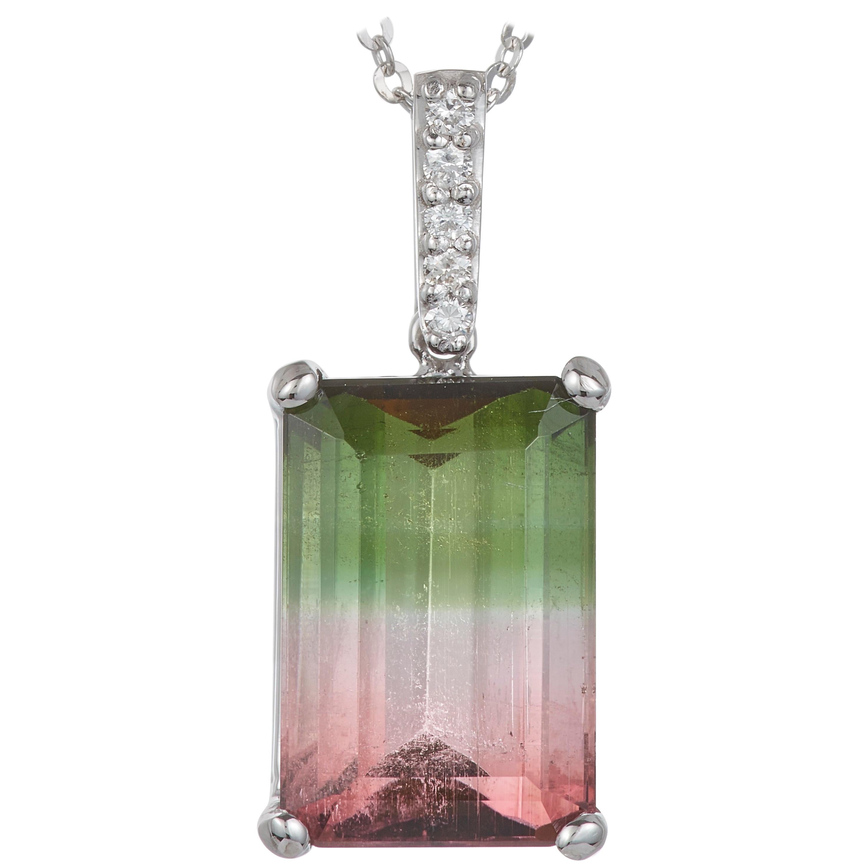 Diamond and Watermelon Tourmaline 14 Karat Yellow Gold Pendant Necklace ...