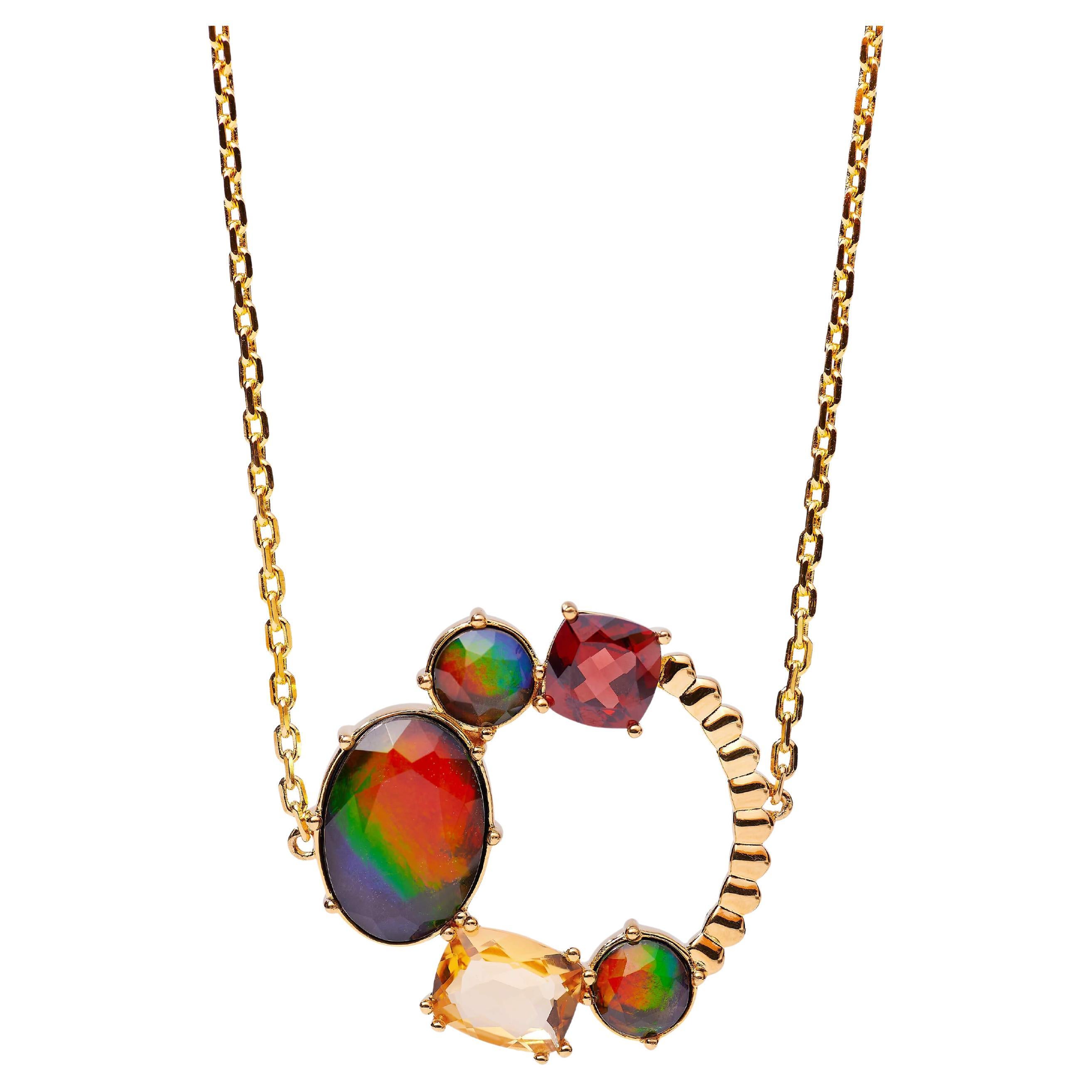 Radiant Ammolite Station Necklace with Garnet and Citrine, 18k Gold ...