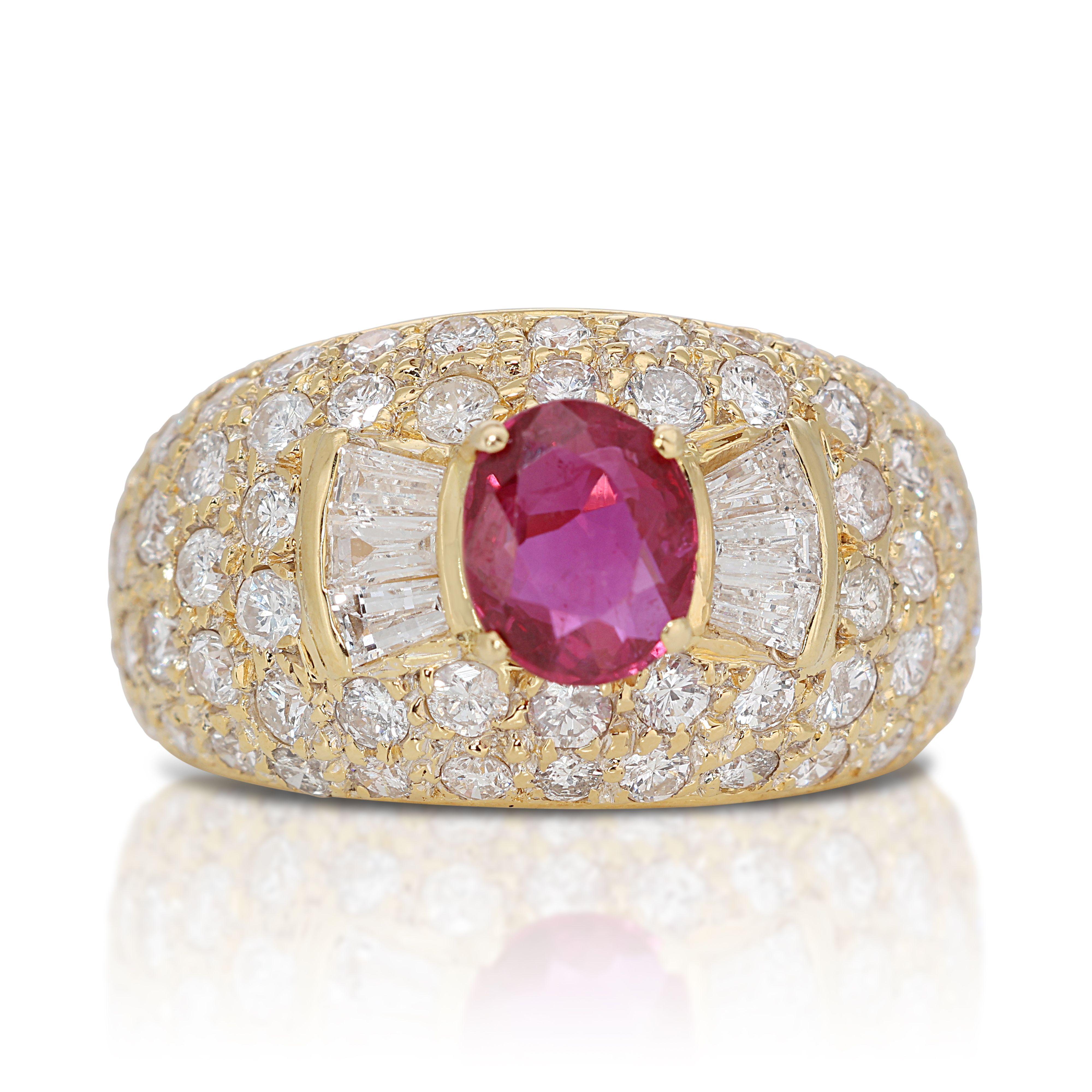 Radiant Ruby Ring in 18K Yellow Gold with 1.13ct Tapered and Round ...