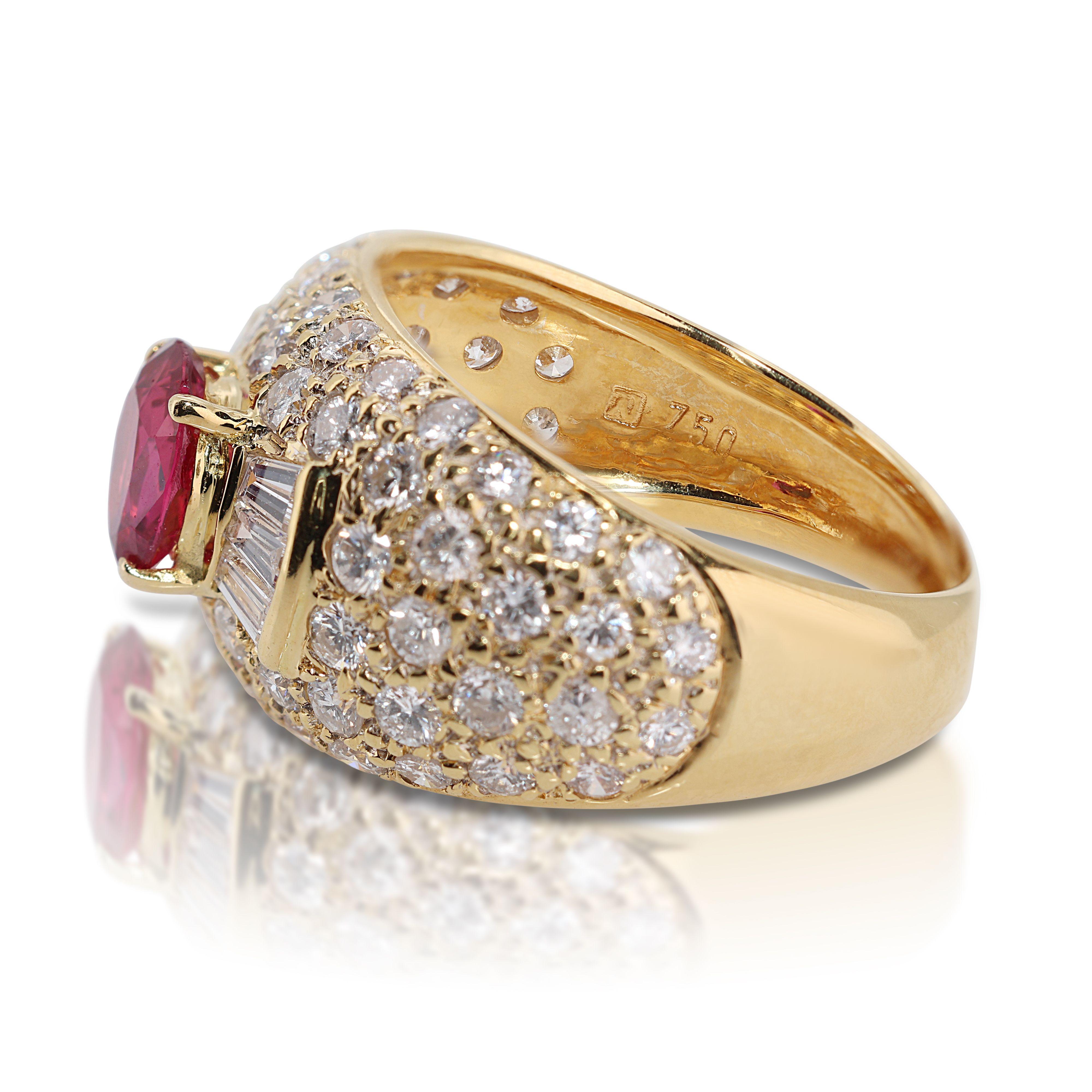 Radiant Ruby Ring in 18K Yellow Gold with 1.13ct Tapered and Round ...