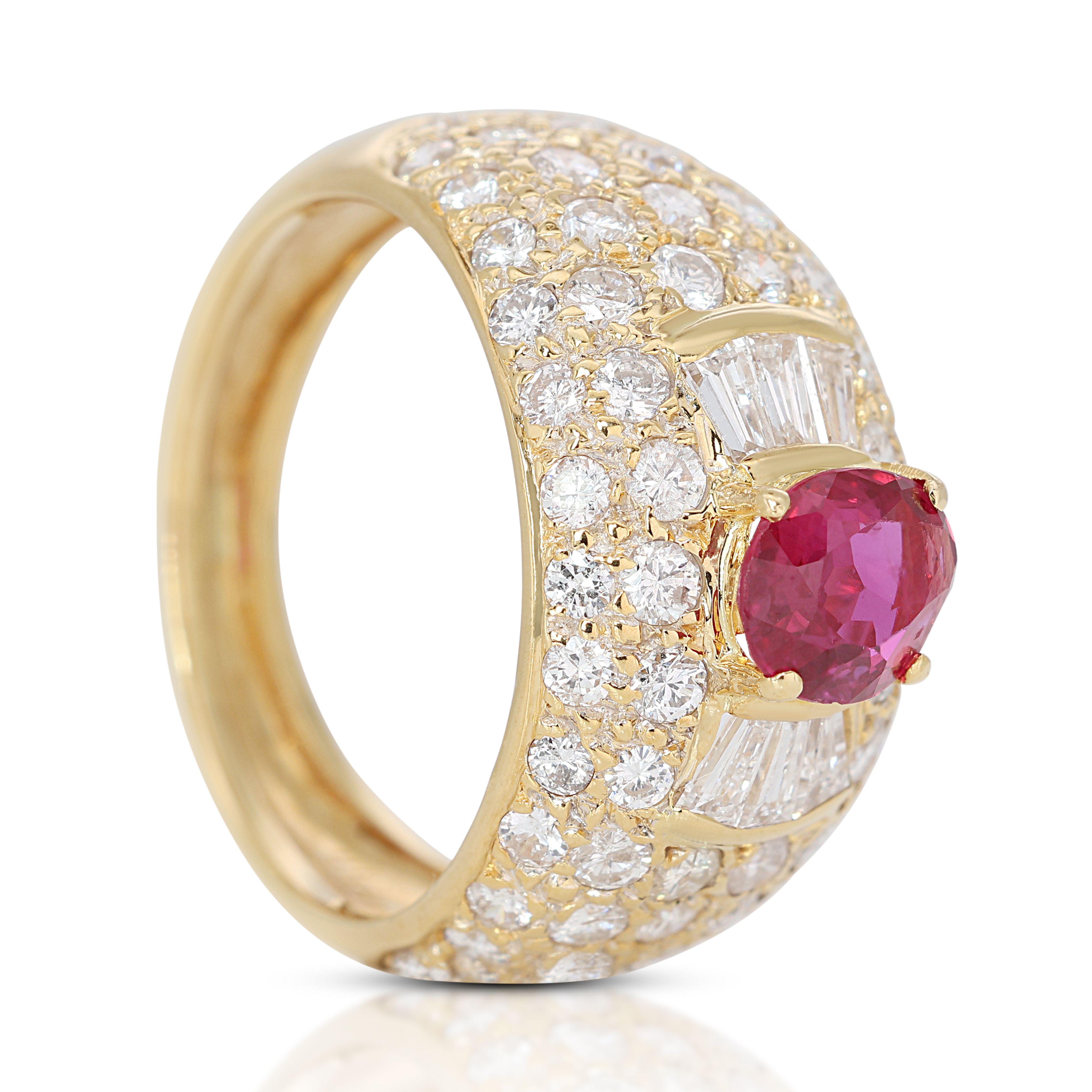 Radiant Ruby Ring in 18K Yellow Gold with 1.13ct Tapered and Round ...
