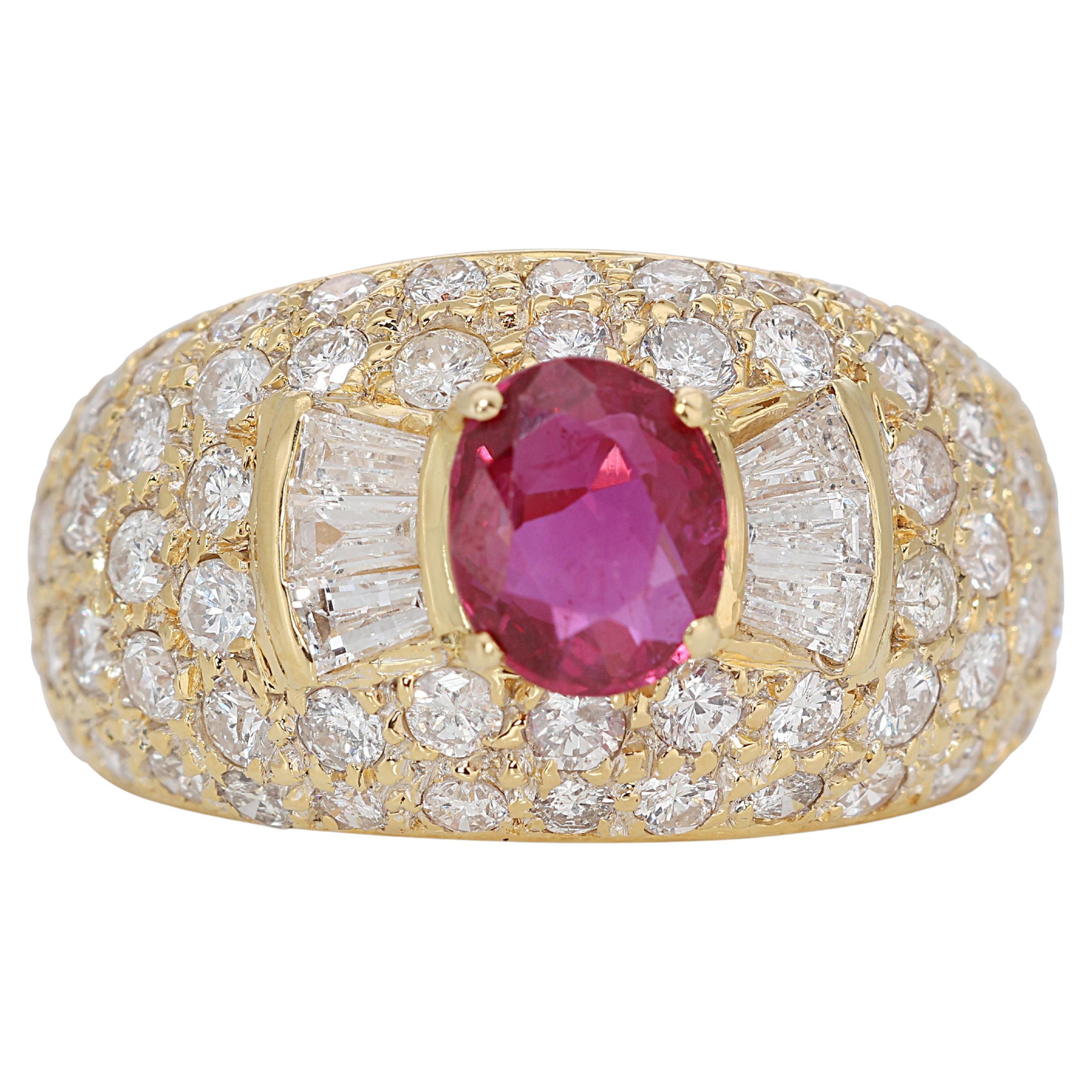 Radiant Ruby Ring in 18K Yellow Gold with 1.13ct Tapered and Round ...