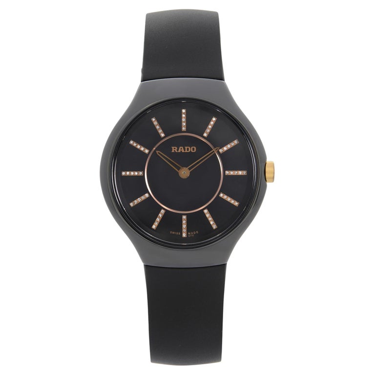 Rado True Thinline 34mm Ceramic Black Diamond Dial Ladies Quartz Watch ...