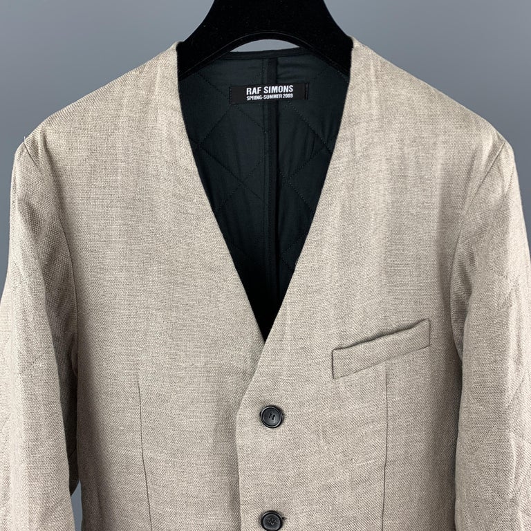RAF SIMONS 38 Beige Quilted Linen V Neck Collarless SS 2009 Sport at ...