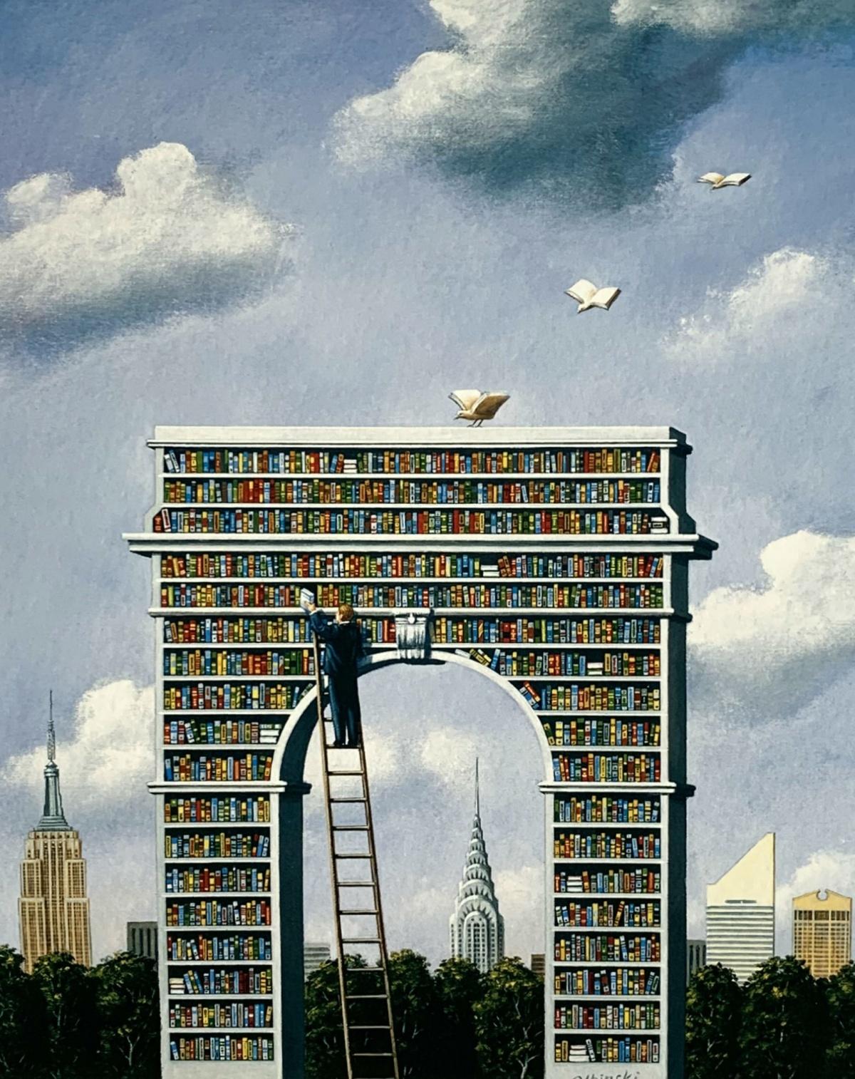 Rafał Olbiński - A library, Figurative Surrealist print, Vibrant ...