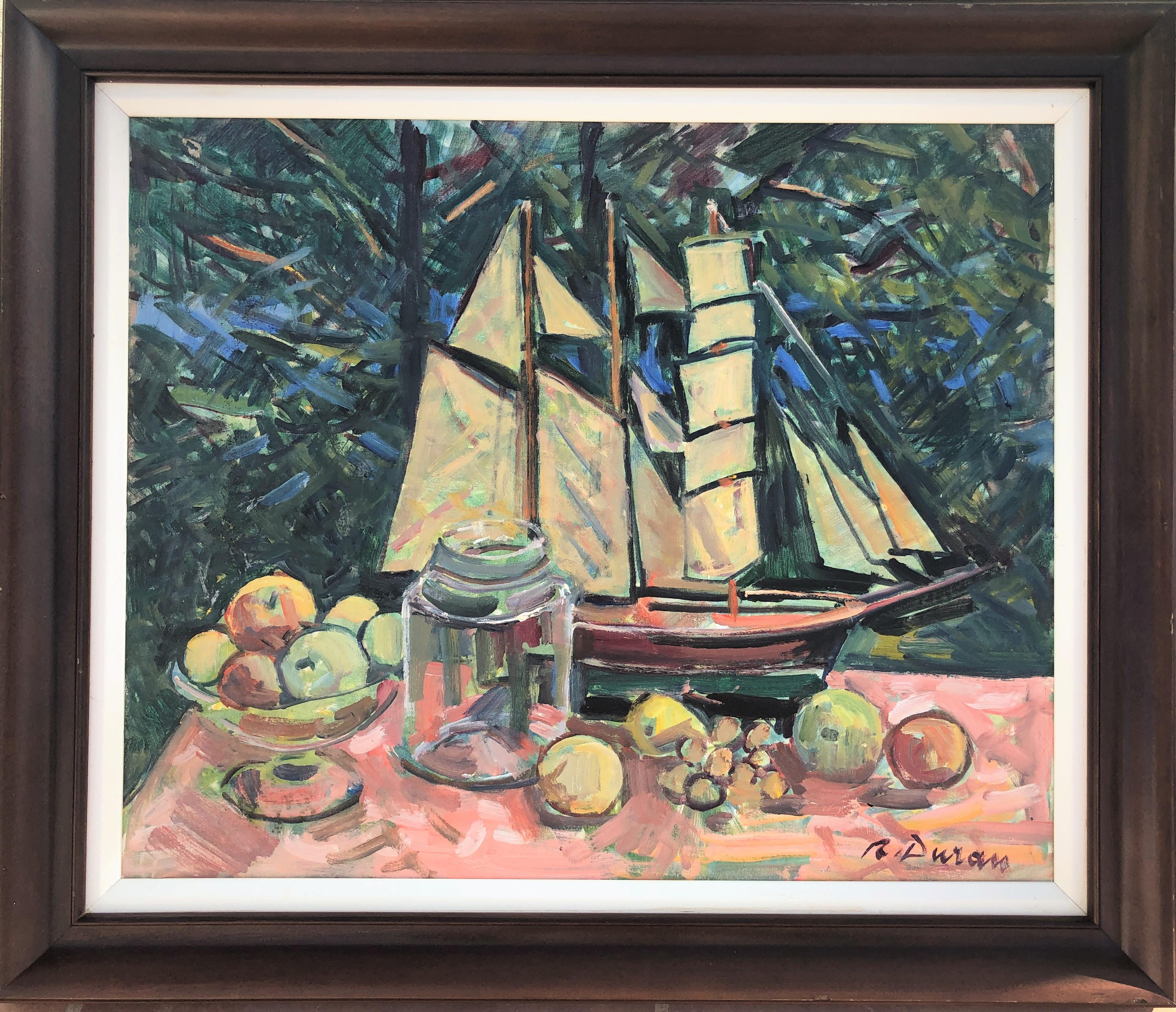 Rafael Duran Benet - Still life with sailboat and fruits original oil ...
