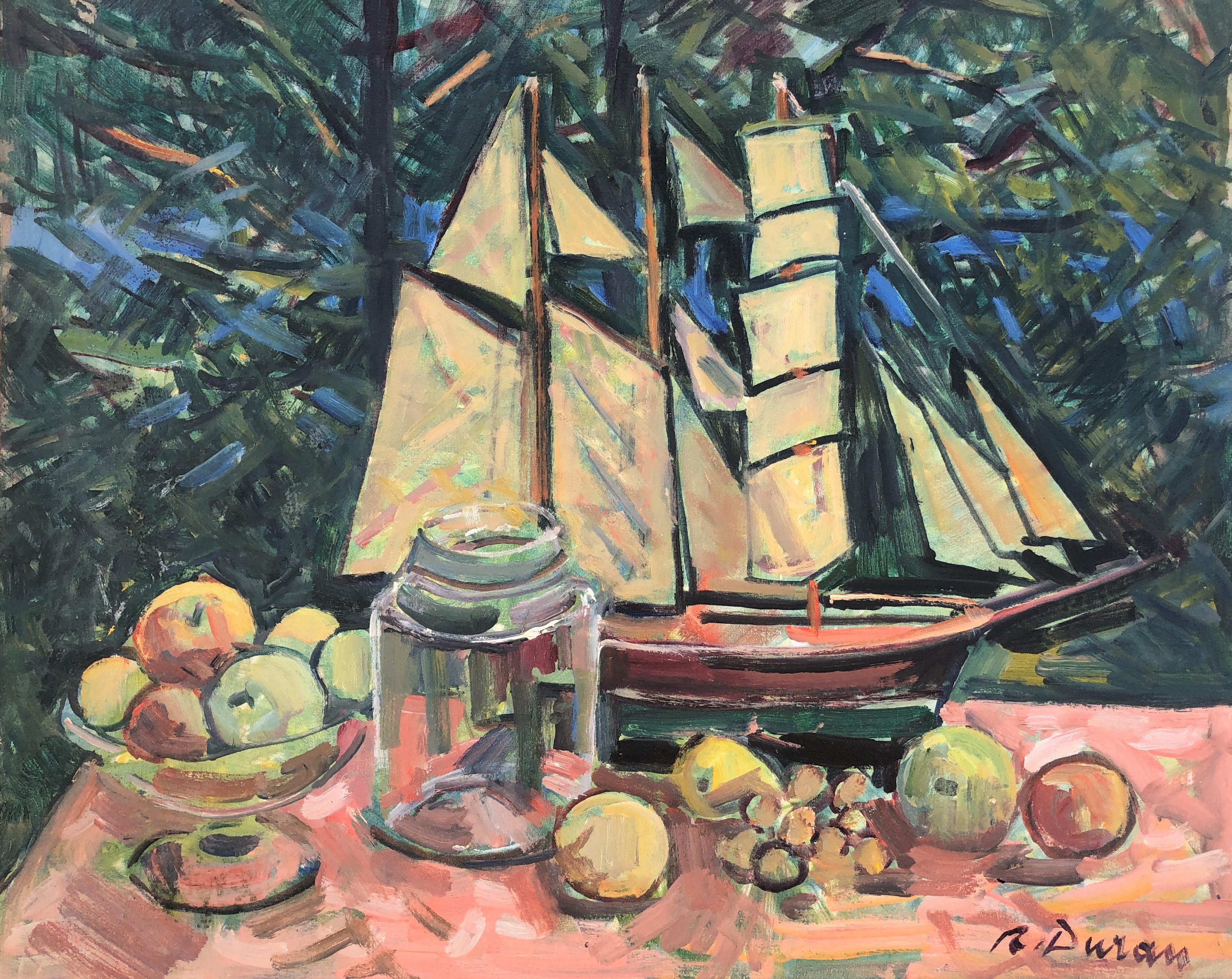 Rafael Duran Benet - Still life with sailboat and fruits original oil ...