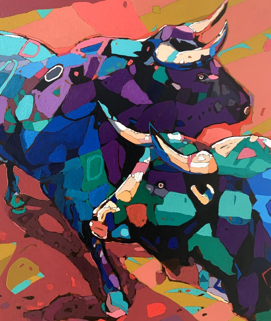 Rafał Gadowski - Bulls 01 - Figurative Oil Painting, Pop art, Animals ...