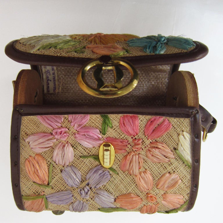 Raffia Woven Straw Floral Wooden Box Bag Purse Cabana 60s at 1stDibs ...