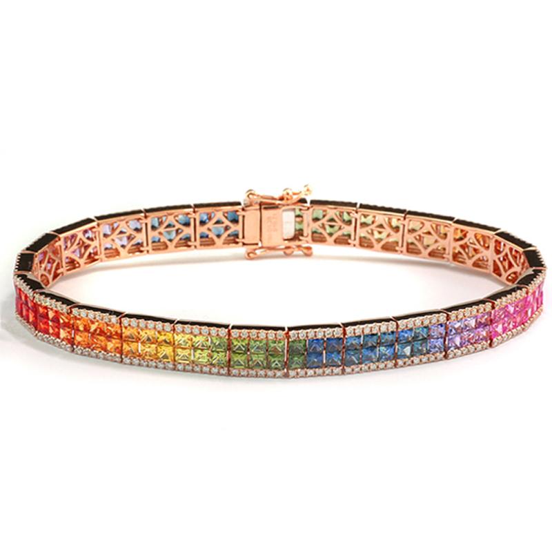 Rainbow Bracelet with Multi-colored Sapphires and Diamonds in 18Kt Rose ...