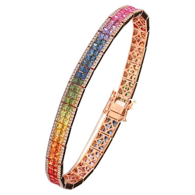 Rainbow Bracelet with Multi-colored Sapphires and Diamonds in 18Kt Rose Gold For Sale at 1stDibs