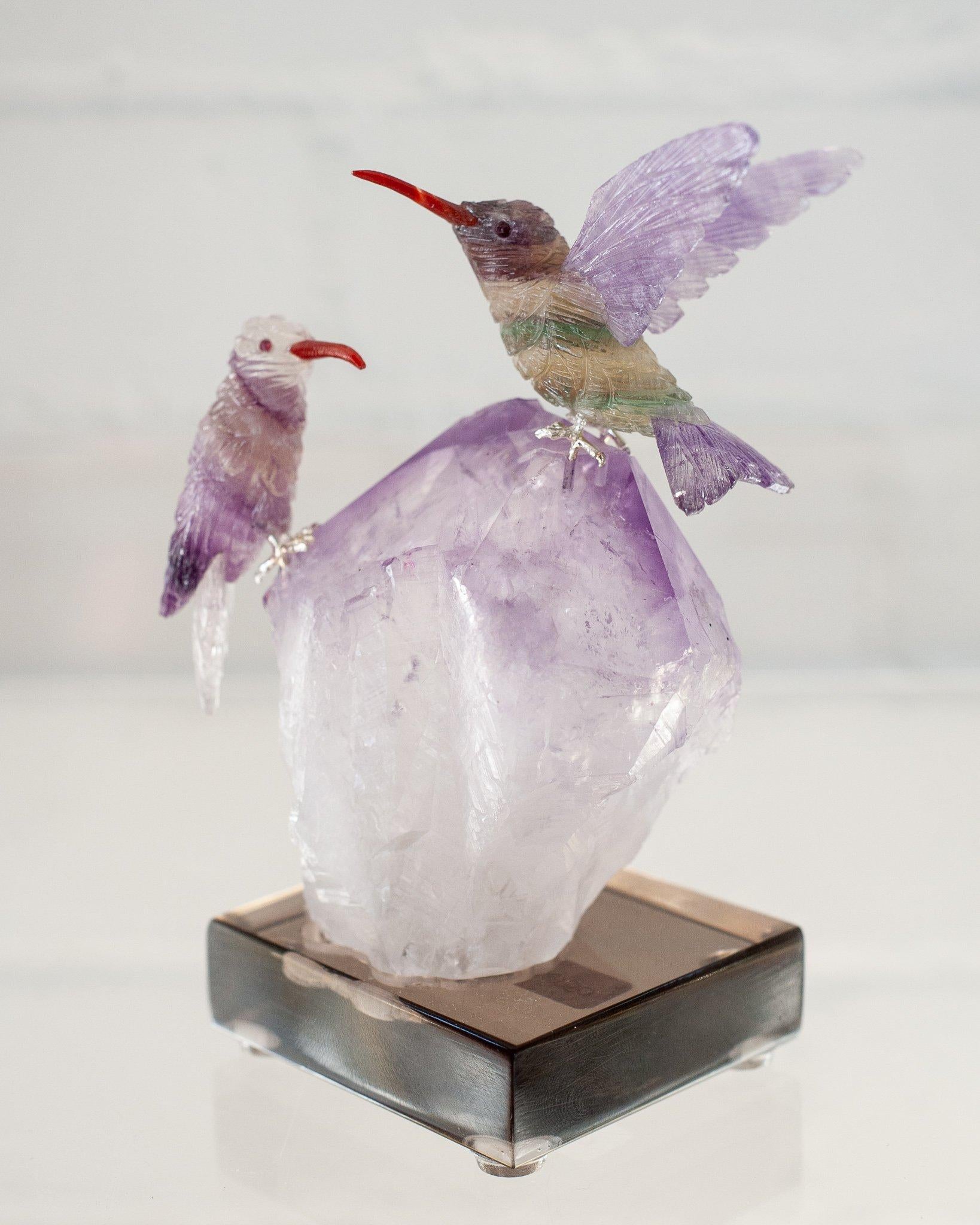 Rainbow Fluorite Hummingbird Pair on Purple Amethyst Point Mineral Base ...