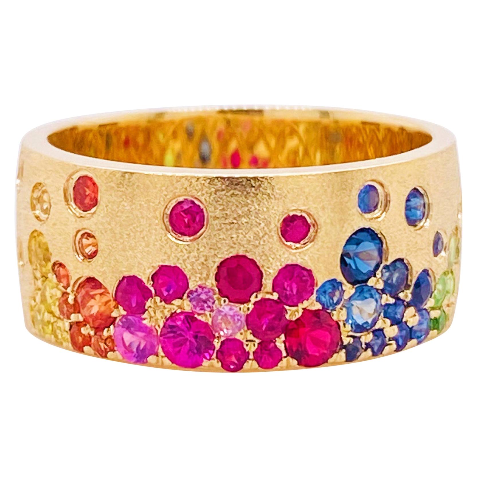 Effy 14 Karat Yellow Gold Rainbow Sapphire And Diamond Wide Cigar Band 
