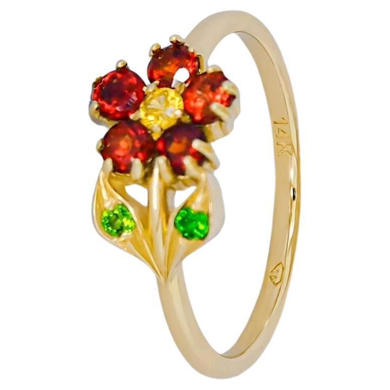 Rainbow gemstones flower ring in 14k gold For Sale at 1stDibs