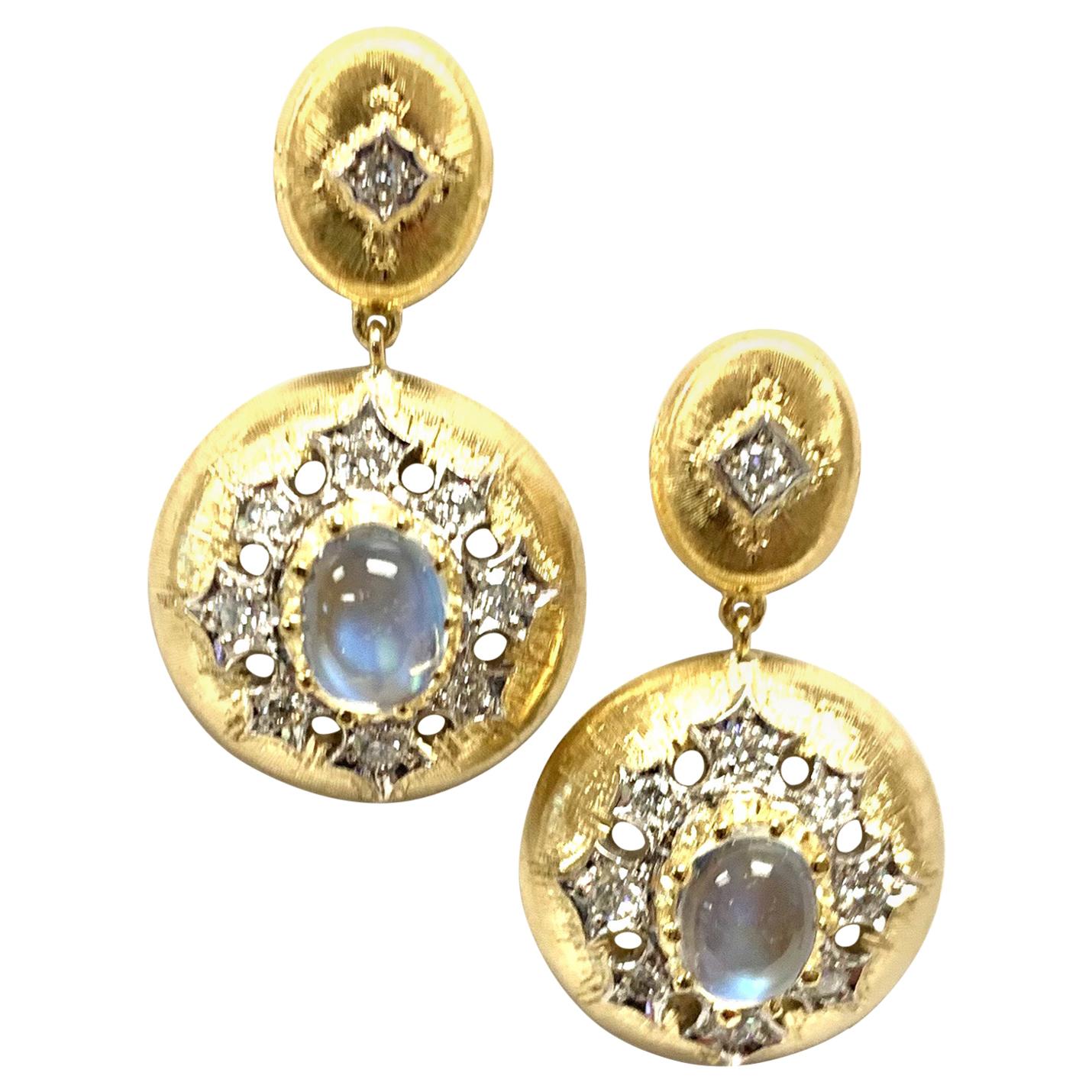 Florentine Design Rainbow Moonstone and Diamond Drop Earrings in Yellow Gold For Sale at 1stDibs ...