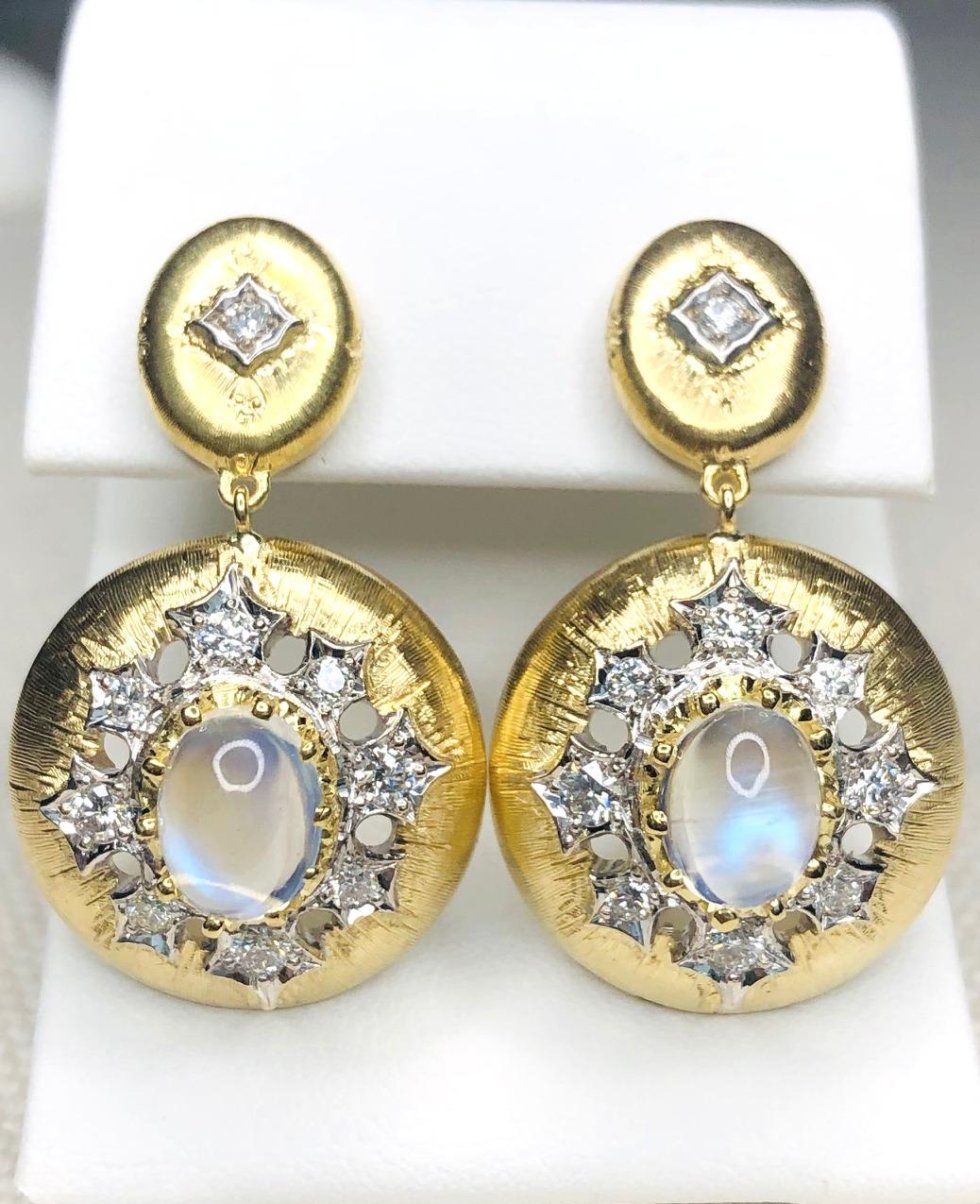 Florentine Design Rainbow Moonstone and Diamond Drop Earrings in Yellow ...