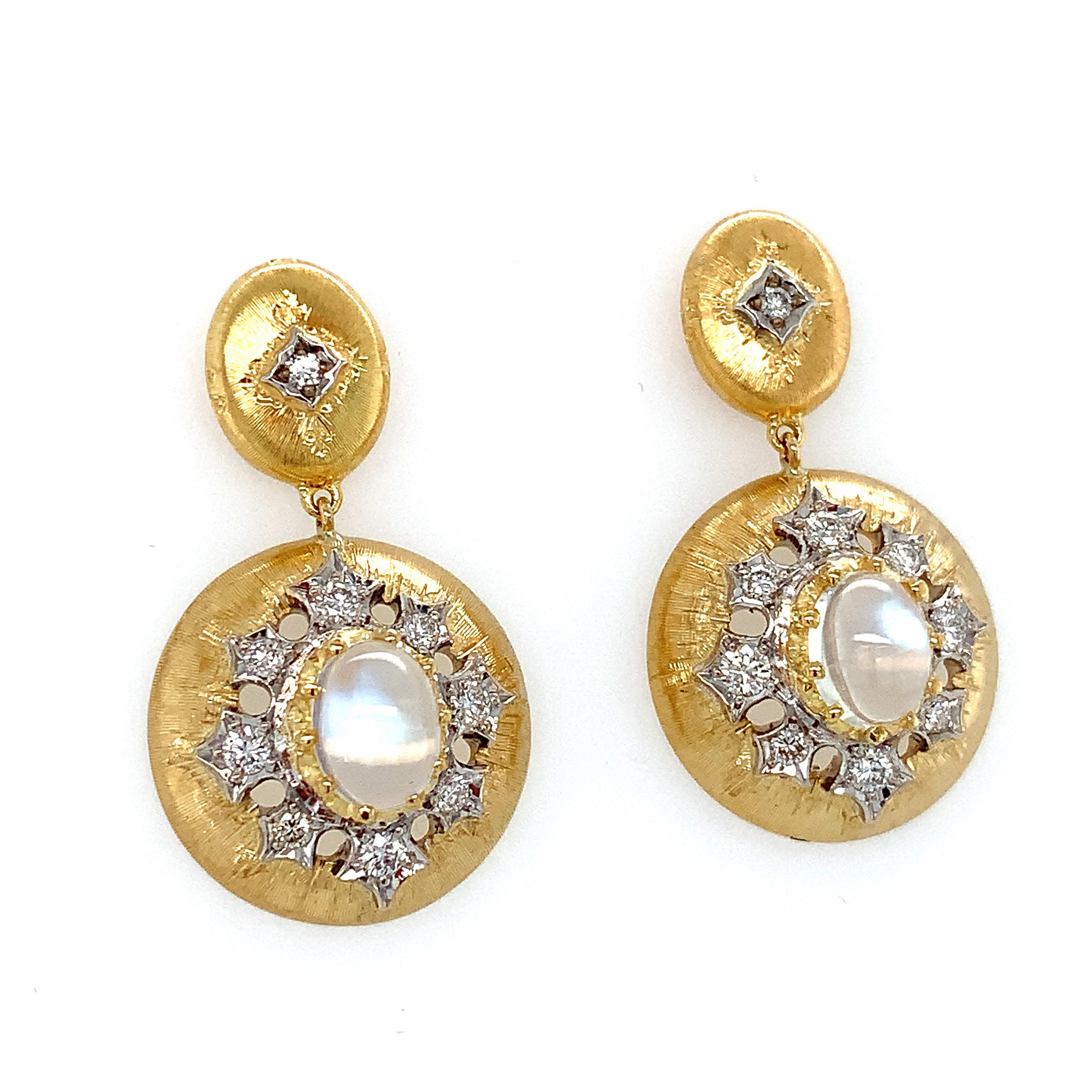 Florentine Design Rainbow Moonstone and Diamond Drop Earrings in Yellow Gold For Sale at 1stDibs ...