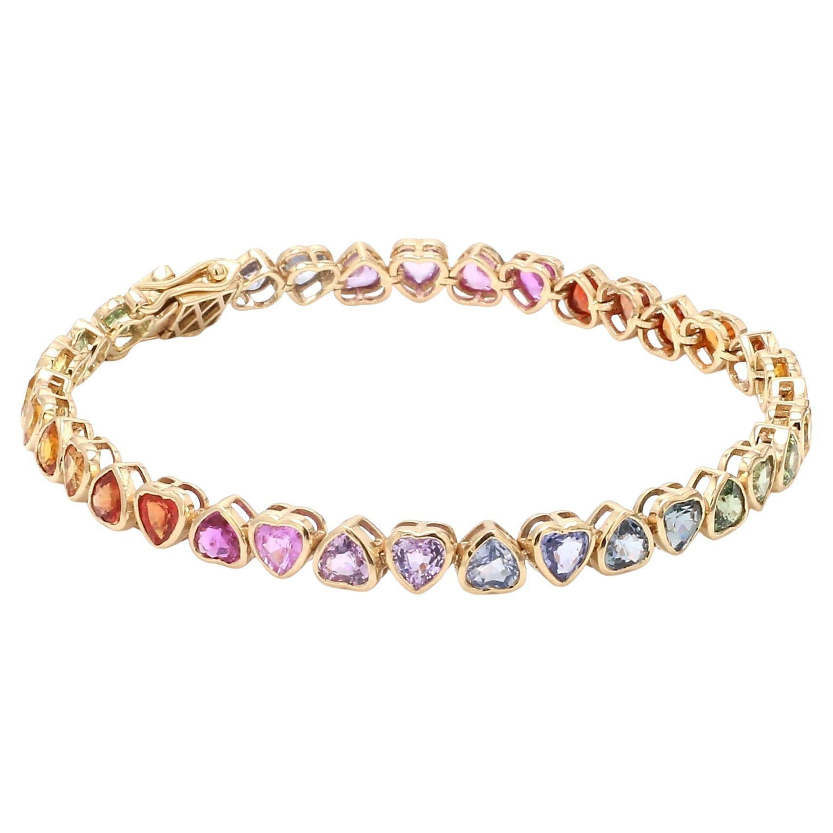 Rainbow Sapphire Heart Bezel Set Necklace in 18K Gold For Sale at 1stDibs