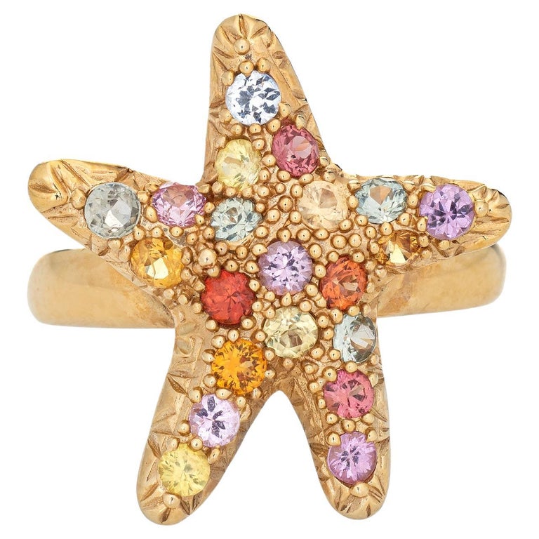Rainbow Sapphire Starfish Ring Vintage 14k Yellow Gold Ocean Jewelry ...